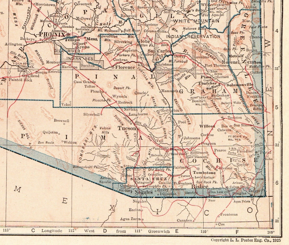 1925 Antique ARIZONA Map Vintage State Map of Arizona Gallery | Etsy