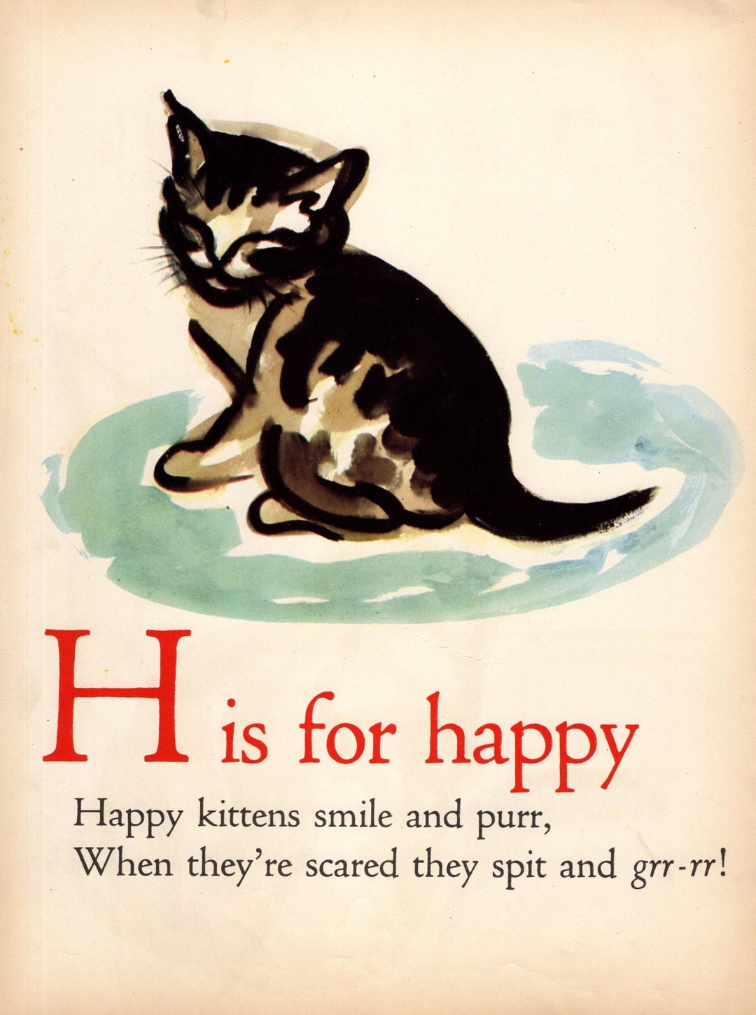 1940s Tabby Cat Kitten Print Antique ABC Cat Print Letter H Alphabet ...