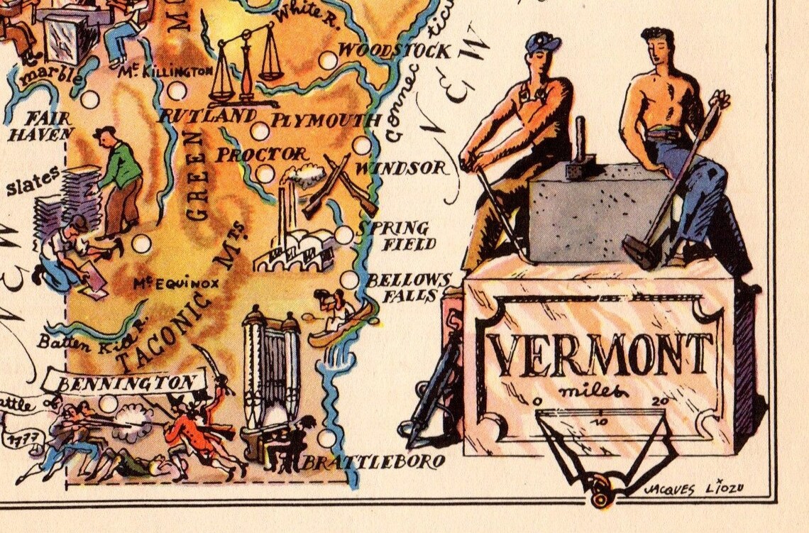1950's Vintage VERMONT State Map Animated Vermont Picture | Etsy
