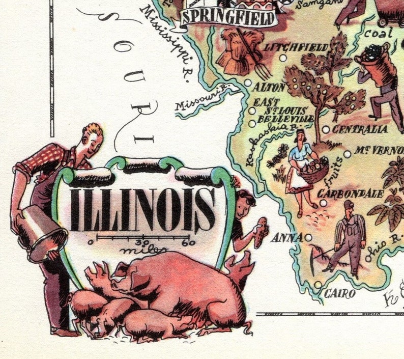 1940s Vintage Illinois State Picture Map Wall Art Decor Map of Illinois ...