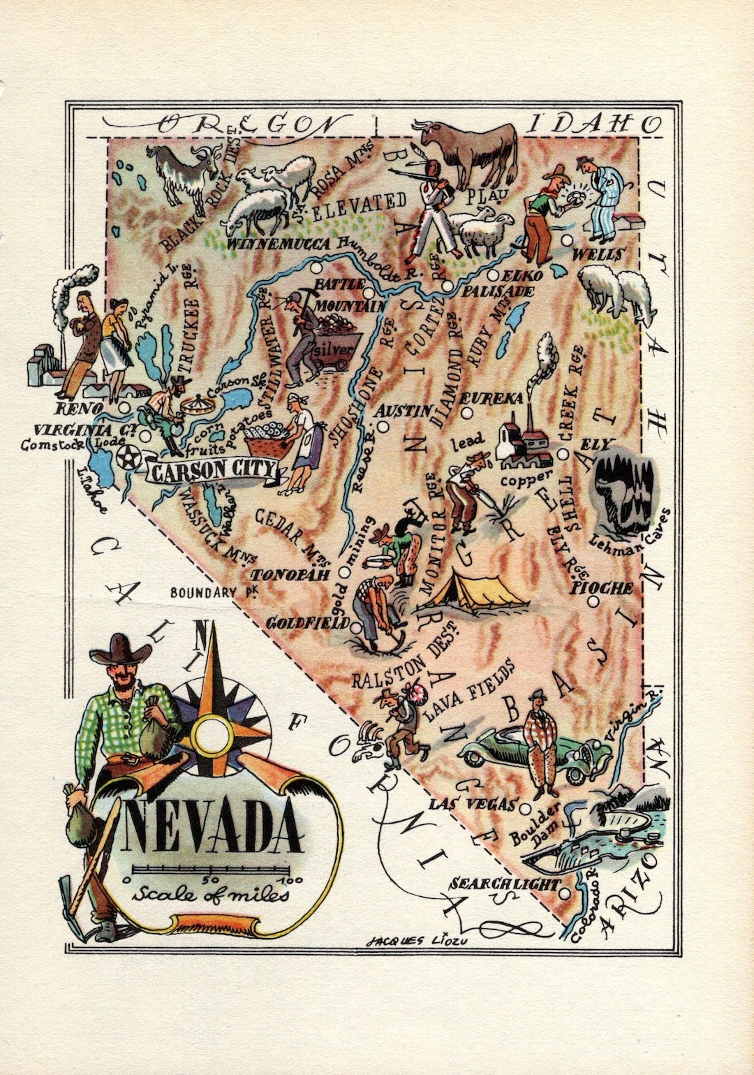 Vintage NEVADA Picture Map 1940s Map of Nevada State Map Boulder Dam ...
