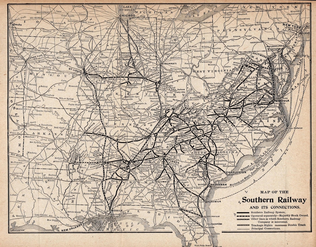 1912 Antique SOUTHERN RAILWAY Map Vintage Southern Railroad Map ...
