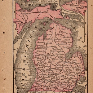 1888 Tiny MICHIGAN Map Vintage State Map of Michigan Miniature | Etsy