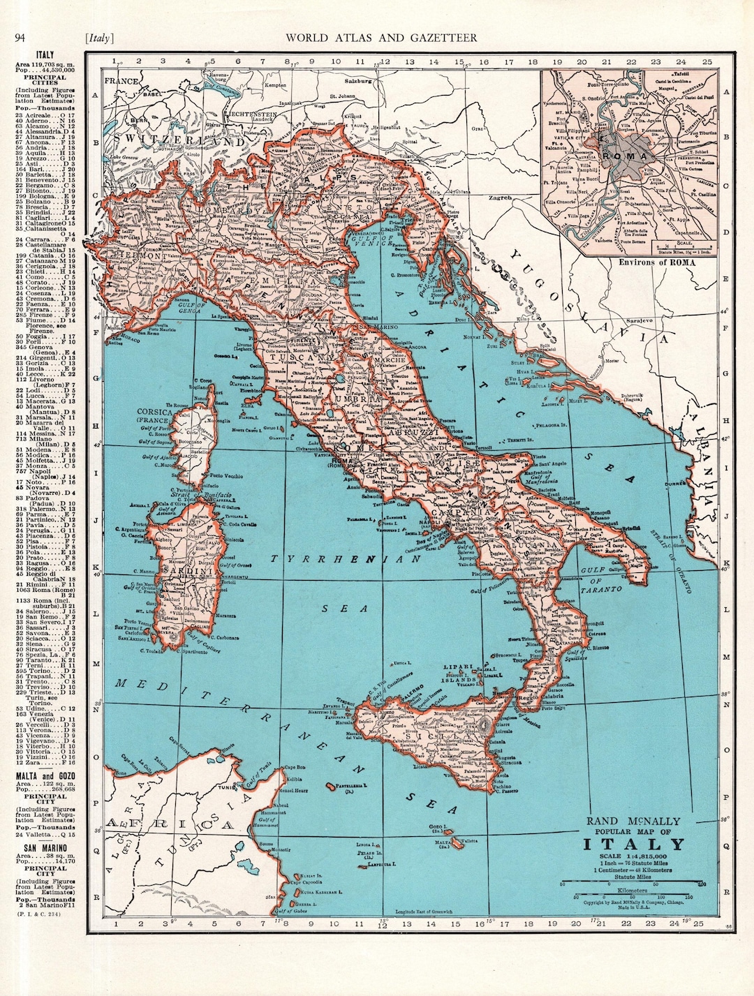 ITALY Map 1942 Vintage Map of Italy Atlas Map Gallery Wall Library ...