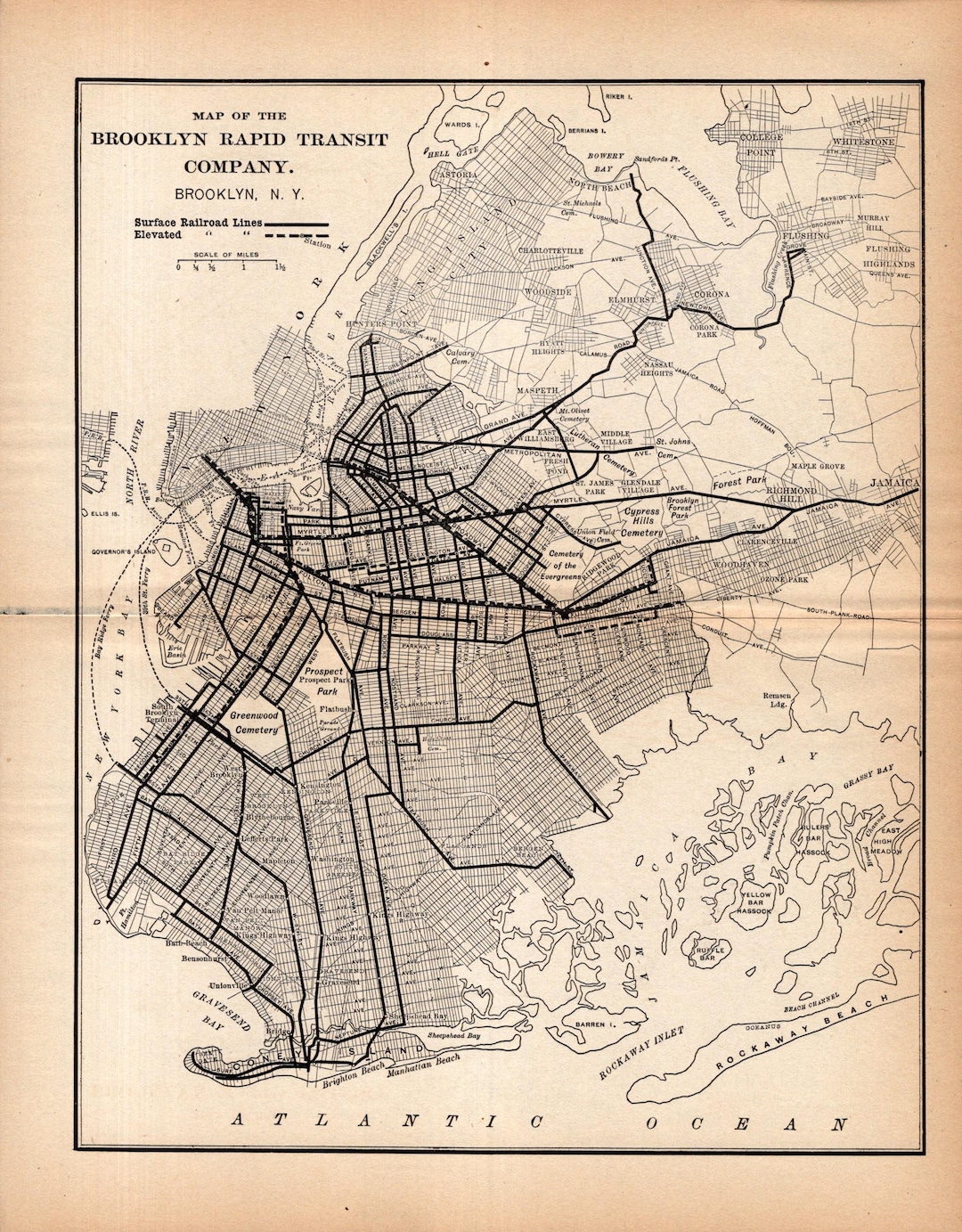1900 Antique Brooklyn Rapid Transit Company Railroad Lines Map Brooklyn ...