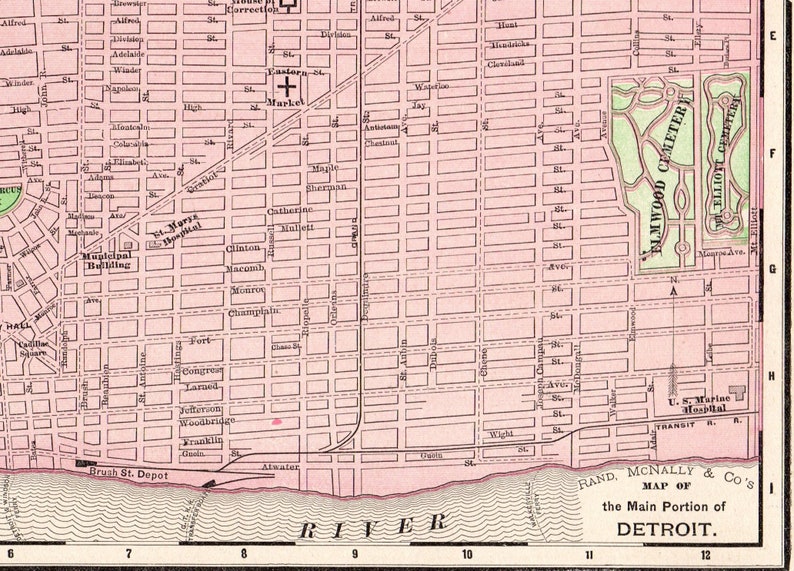 Home Décor 1901 Antique DETROIT Street Map Vintage City Map of Detroit ...