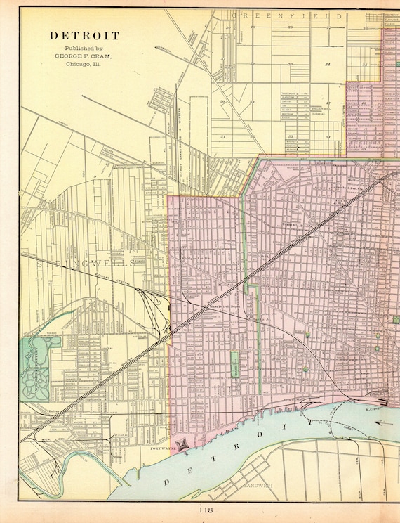 Wall Décor Home Décor Large Wall Map Big Map Old Map of Detroit Vintage ...