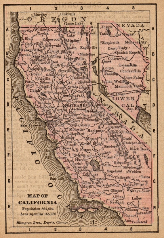 1888 Tiny CALIFORNIA State Map Antique Miniature Map of | Etsy