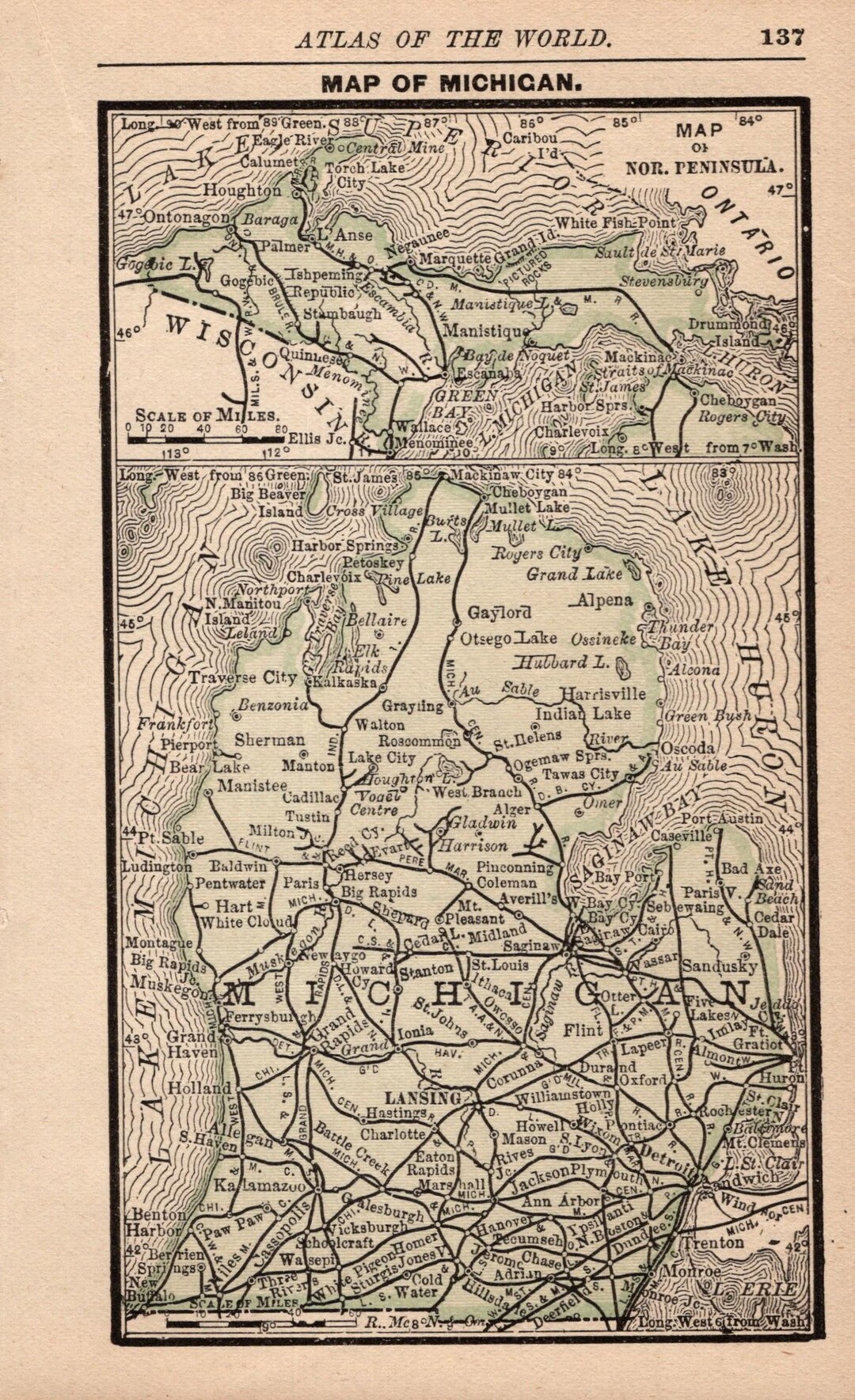 1888 Tiny MICHIGAN State Map Antique Miniature Map of Michigan Gallery ...