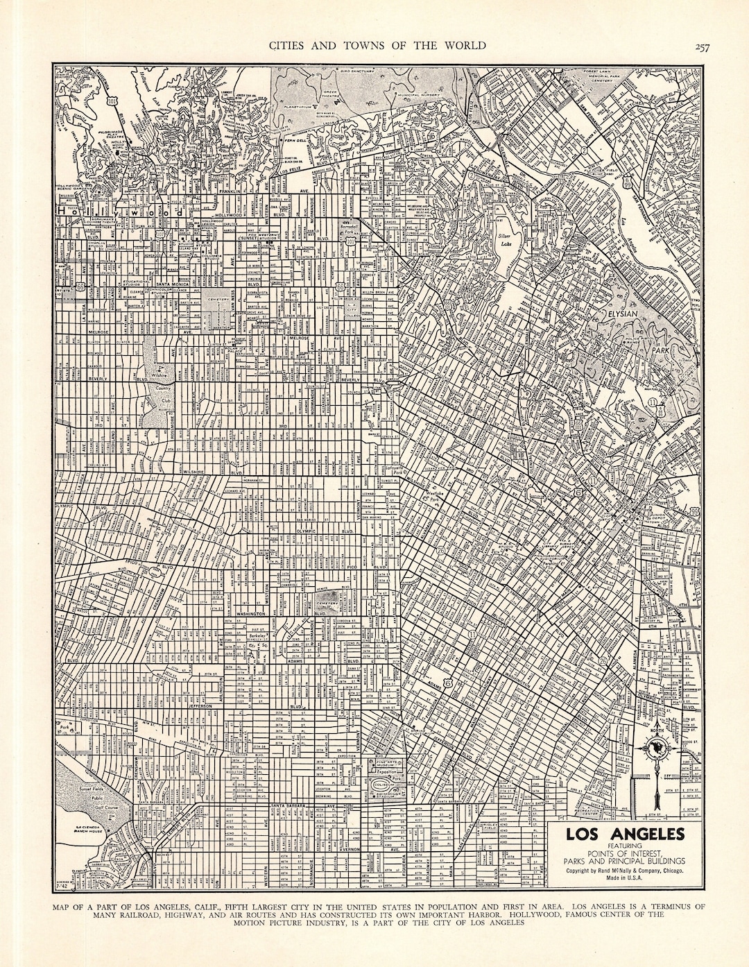 LOS ANGELES Street MAP 1942 Vintage City Map of Los Angeles California ...