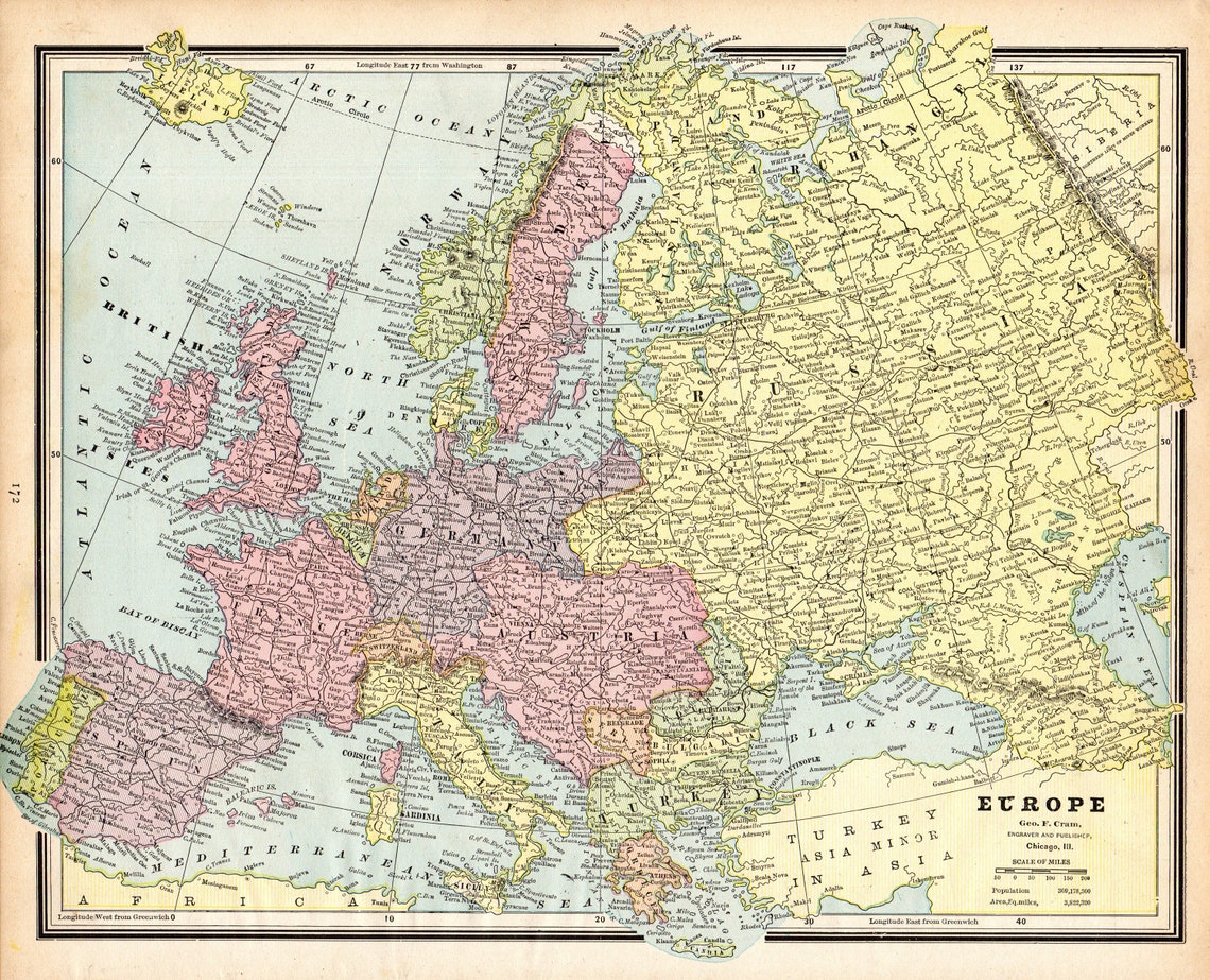 1888 Antique EUROPE Map George Cram Map of Europe The | Etsy