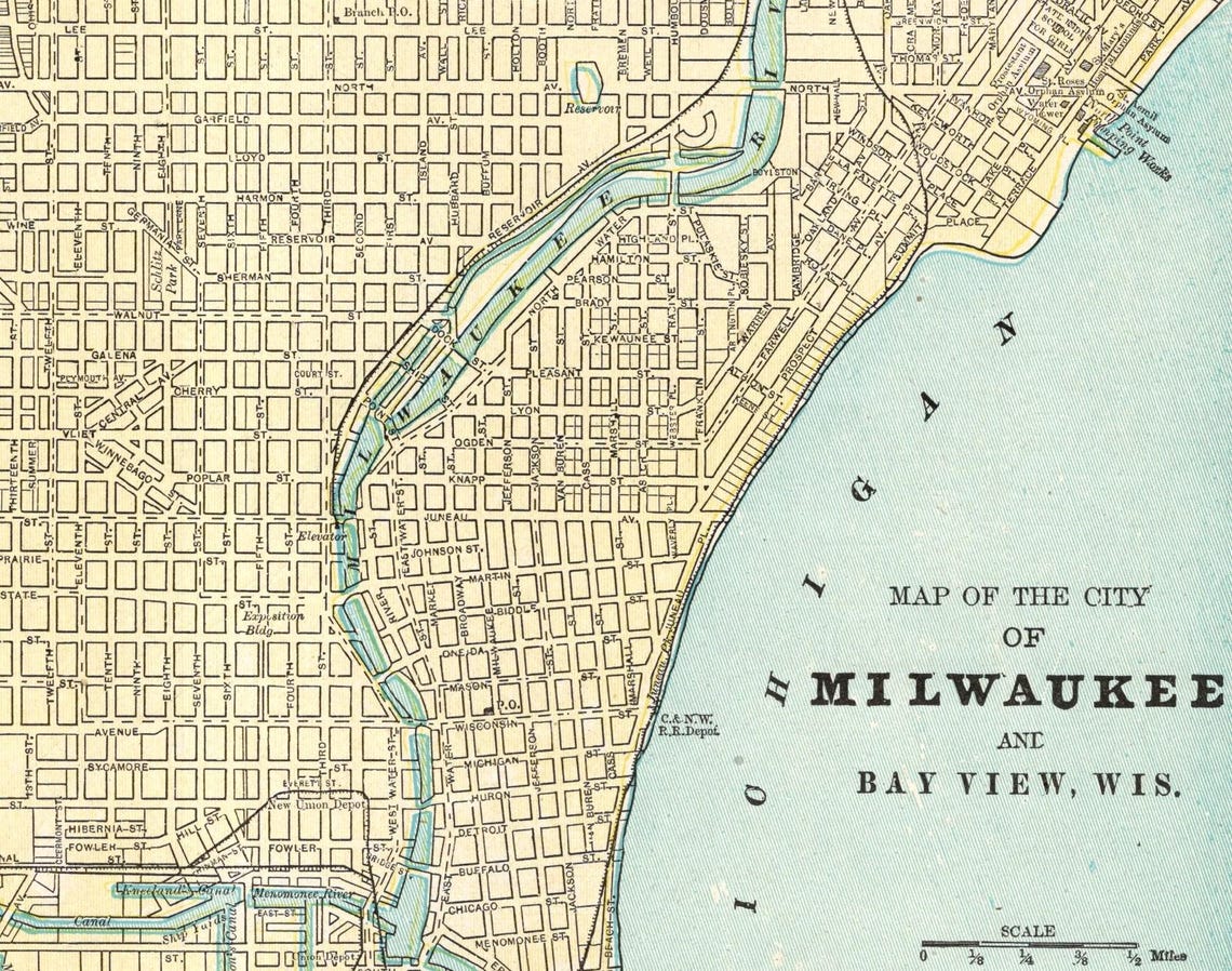 1899 Antique MILWAUKEE Street Map of Milwaukee Wisconsin City Map Wall ...