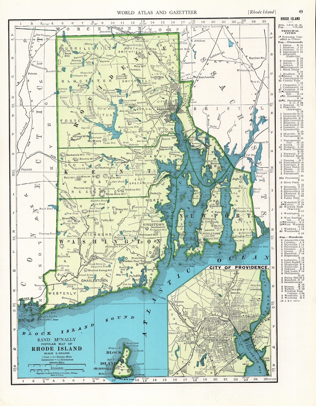 Vintage RHODE ISLAND State Map 1945 Antique Map of Rhode Island Gallery ...