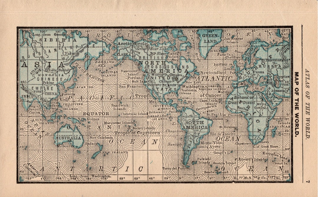 1888 Tiny WORLD Map Antique MINIATURE Map of the World Gallery Wall ...