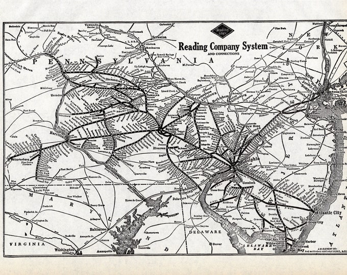 1940 Antique READING RAILWAY Map Vintage Reading Railroad Map Birthday ...