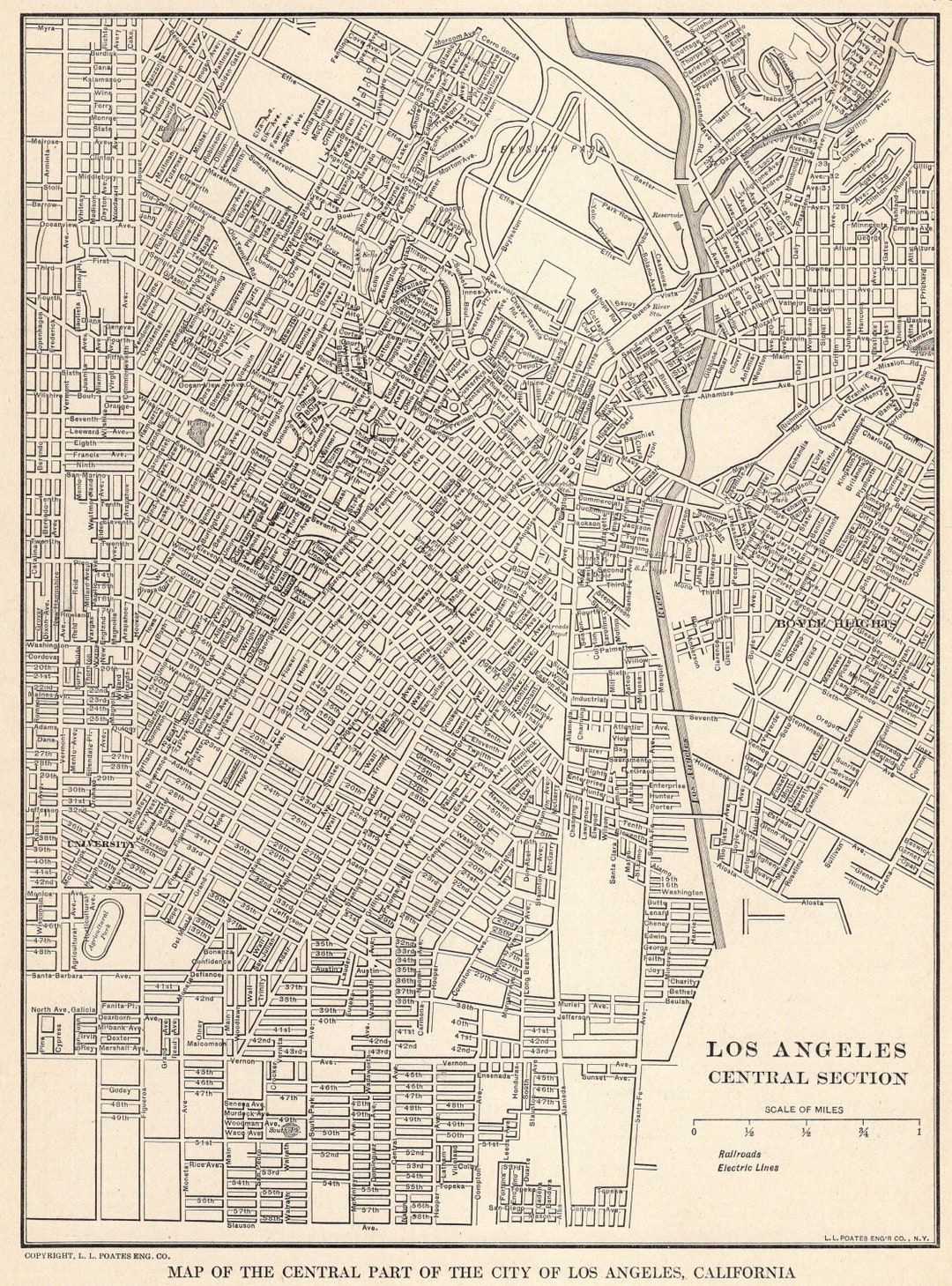 Antique LOS ANGELES Map 1928 City Map of Los Angeles California Street ...