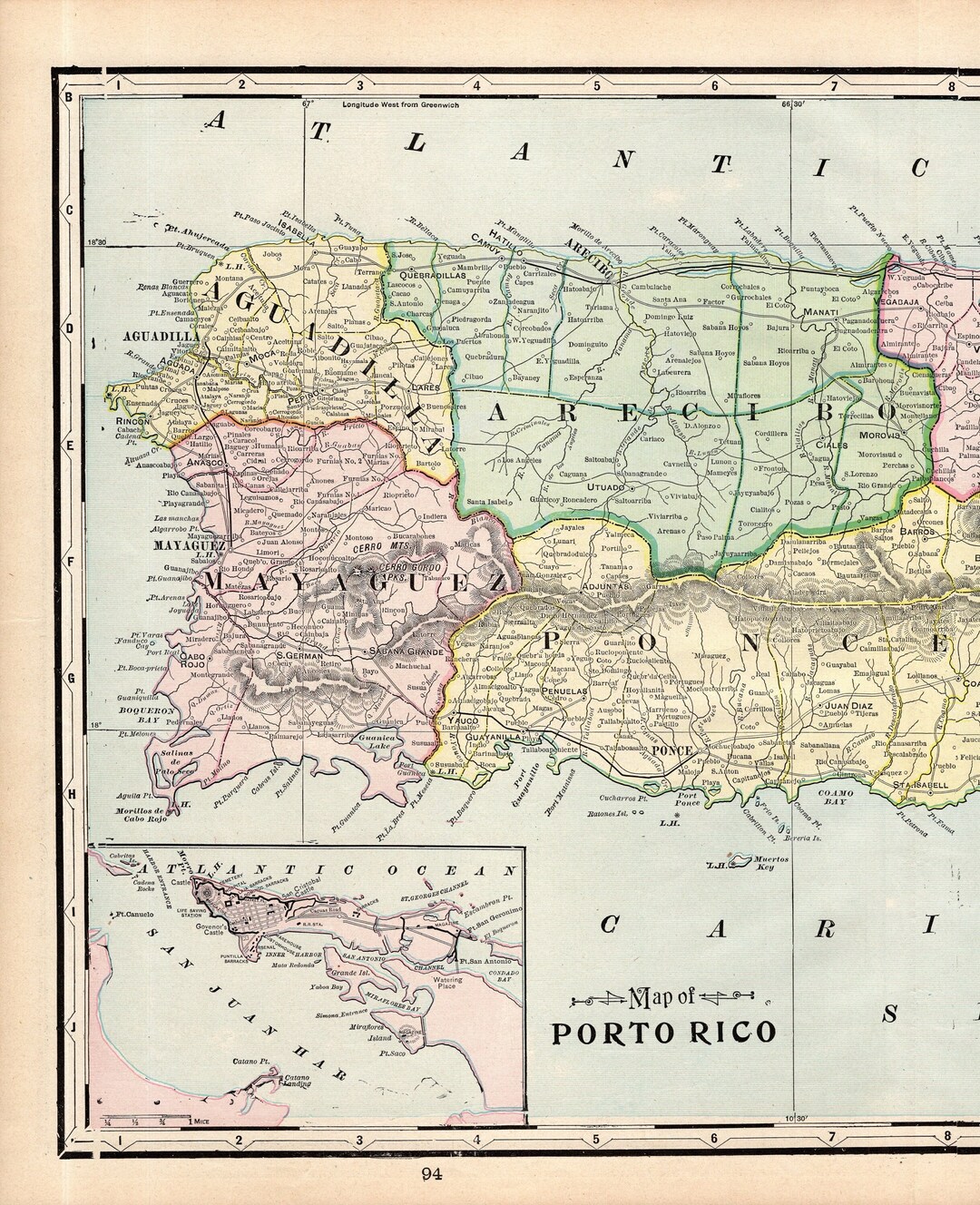 1899 Antique PUERTO RICO Map George Cram Atlas Map of Porto Rico Map ...