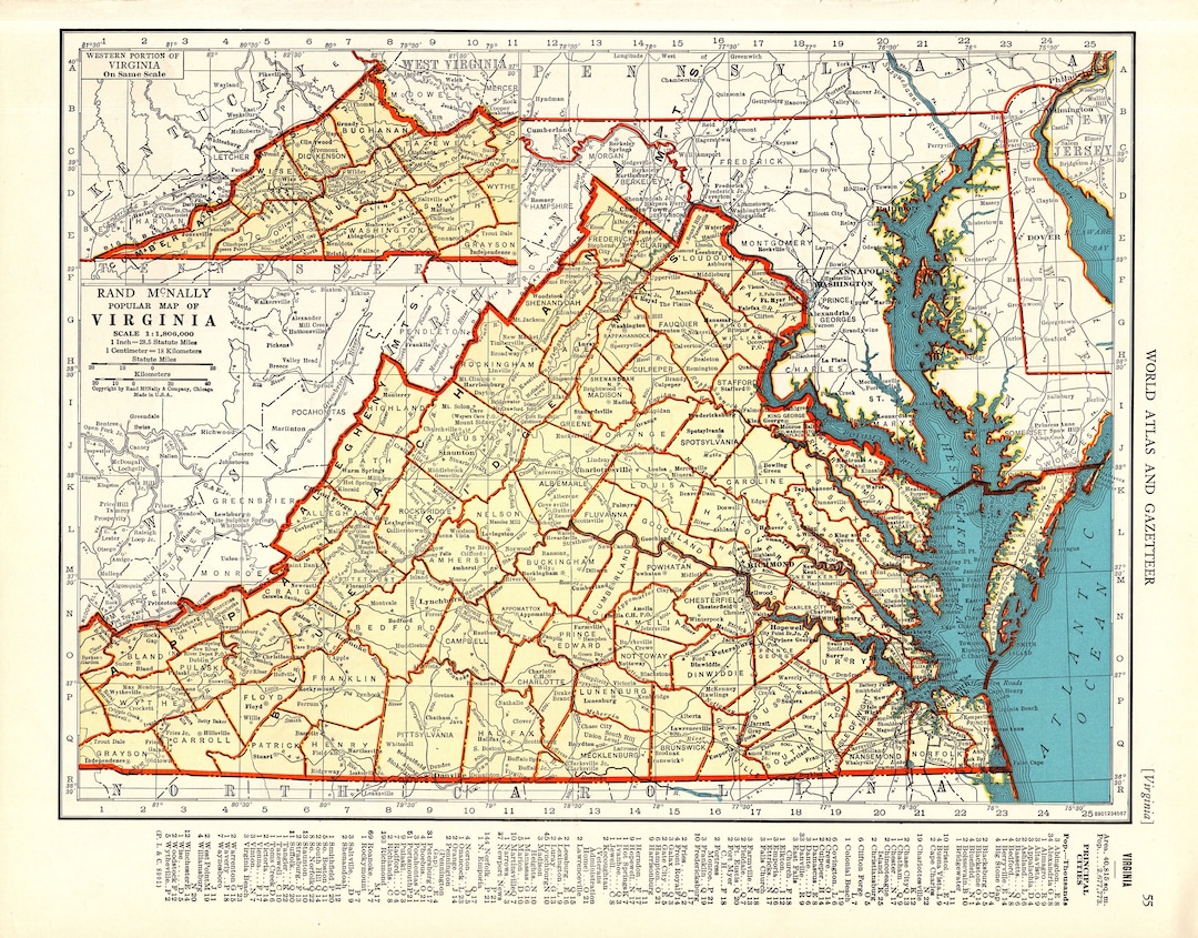 1942 Antique Virginia State Map Vintage Map of Virginia Wall Art ...