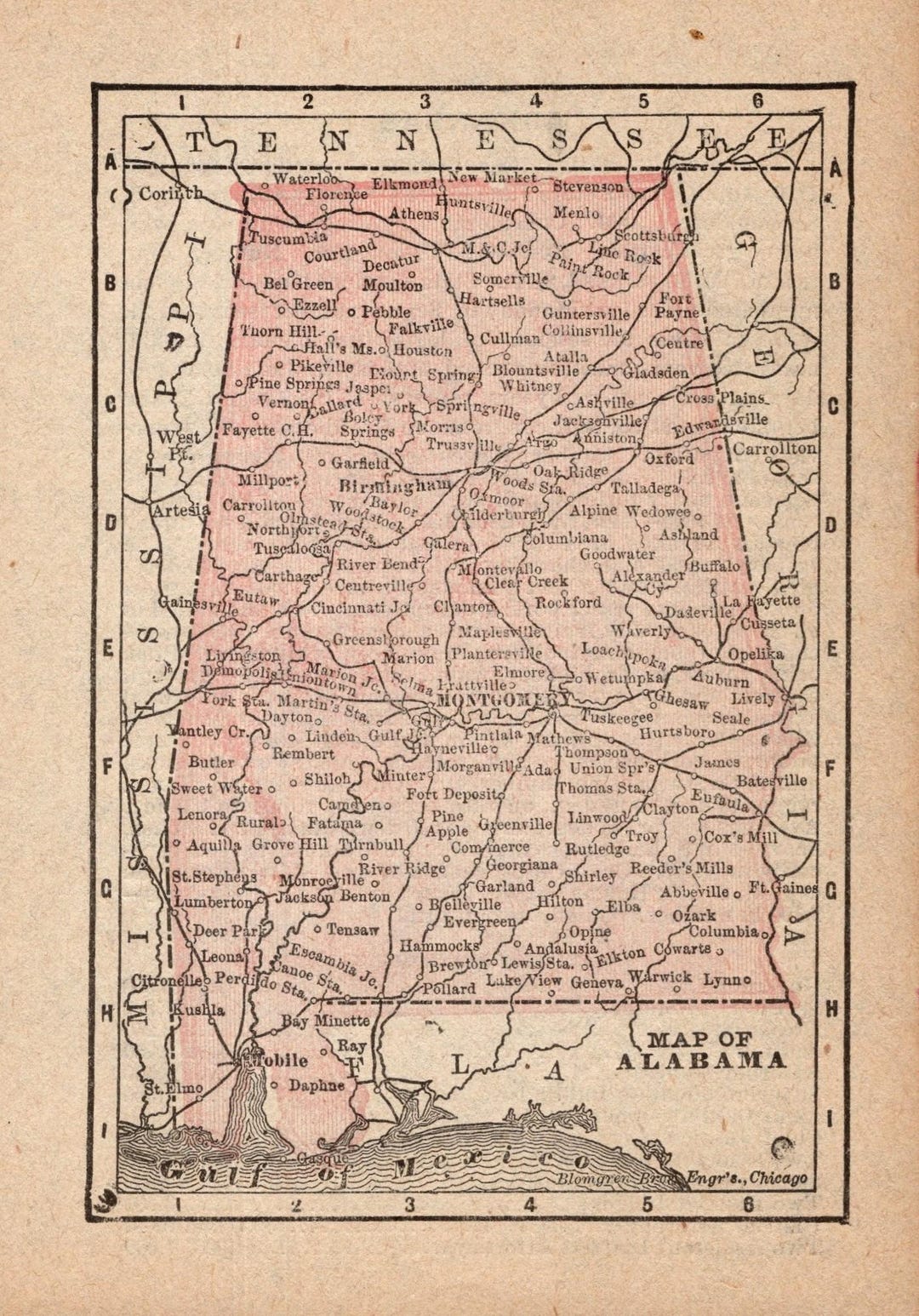 1888 Tiny ALABAMA State Map Vintage Miniature Map of Alabama Gallery ...