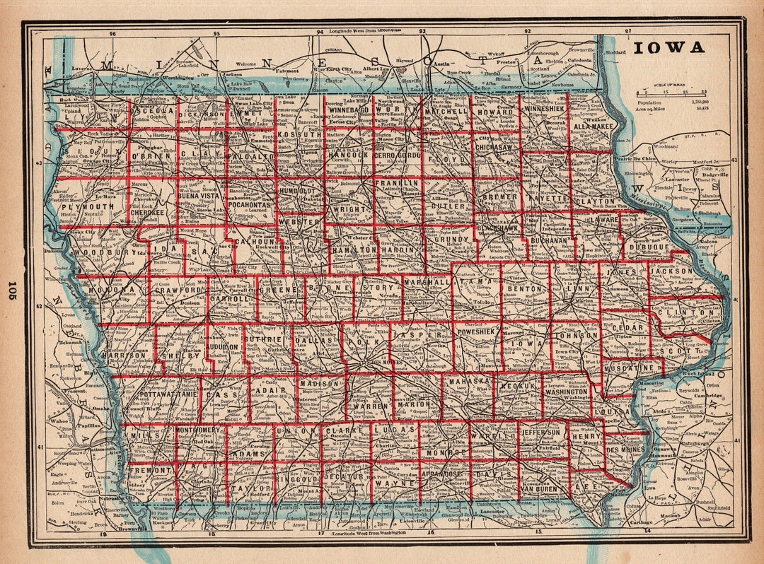 1893 Antique Iowa State Map Wall Decor Atlas Map of Iowa Gift for ...