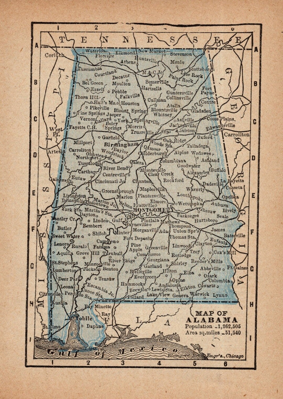 1888 Tiny ALABAMA State Map Vintage Miniature Map of Alabama - Etsy