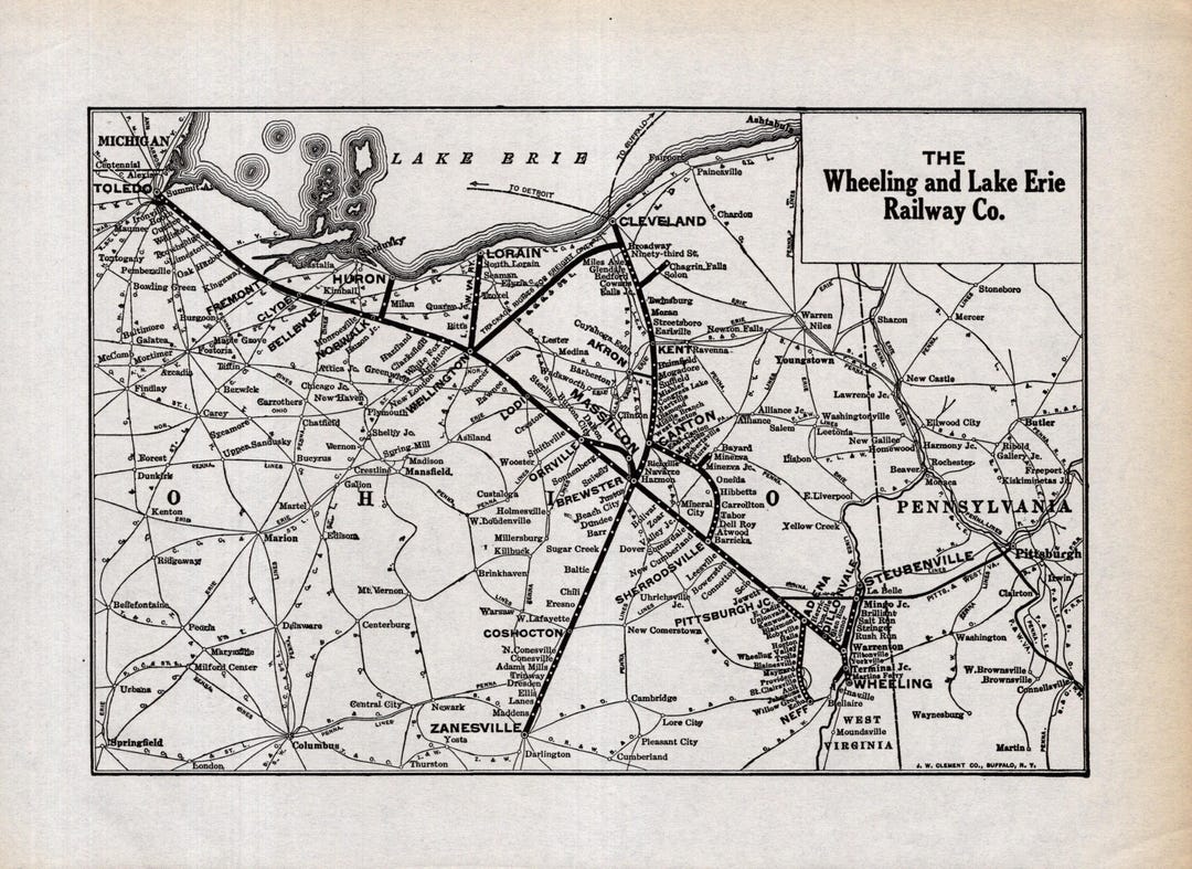 1939 Antique Wheeling and Lake Erie Railroad Map Vintage Railway System ...