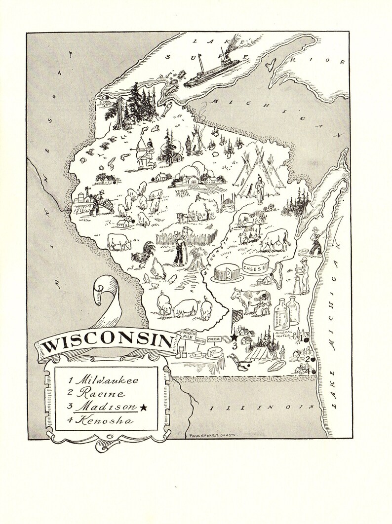1950s Vintage Wisconsin Picture Map State Map of Wisconsin | Etsy