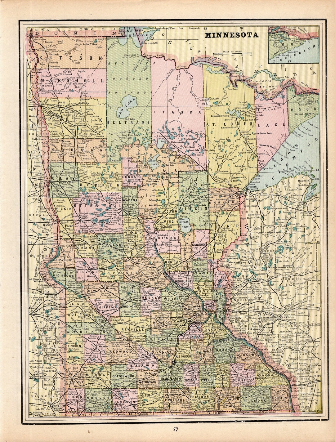 1891 Antique MINNESOTA State Map George Cram Atlas Map of Minnesota ...