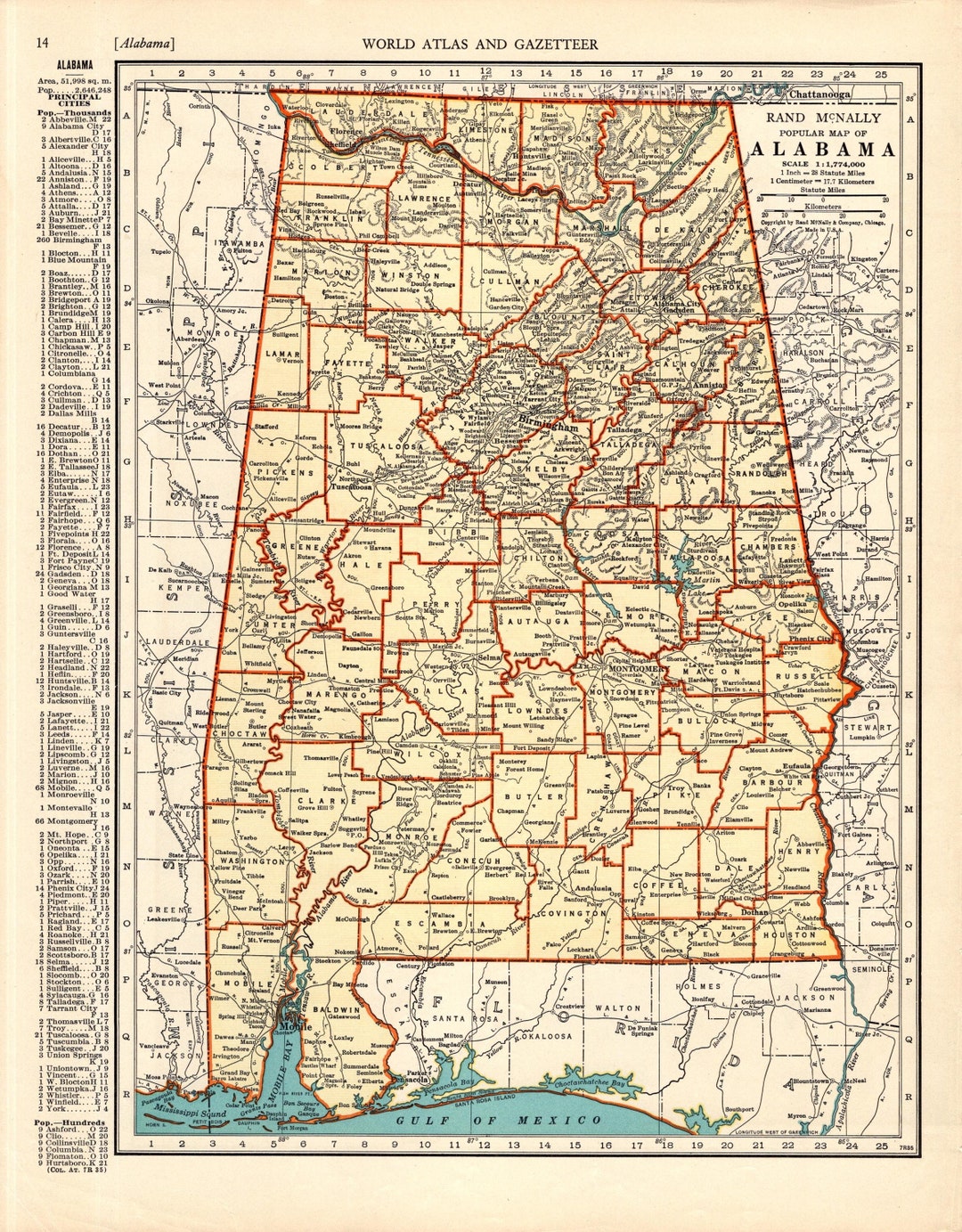 1937 Vintage ALABAMA Map Antique Alabama State Map Gallery Wall Decor ...