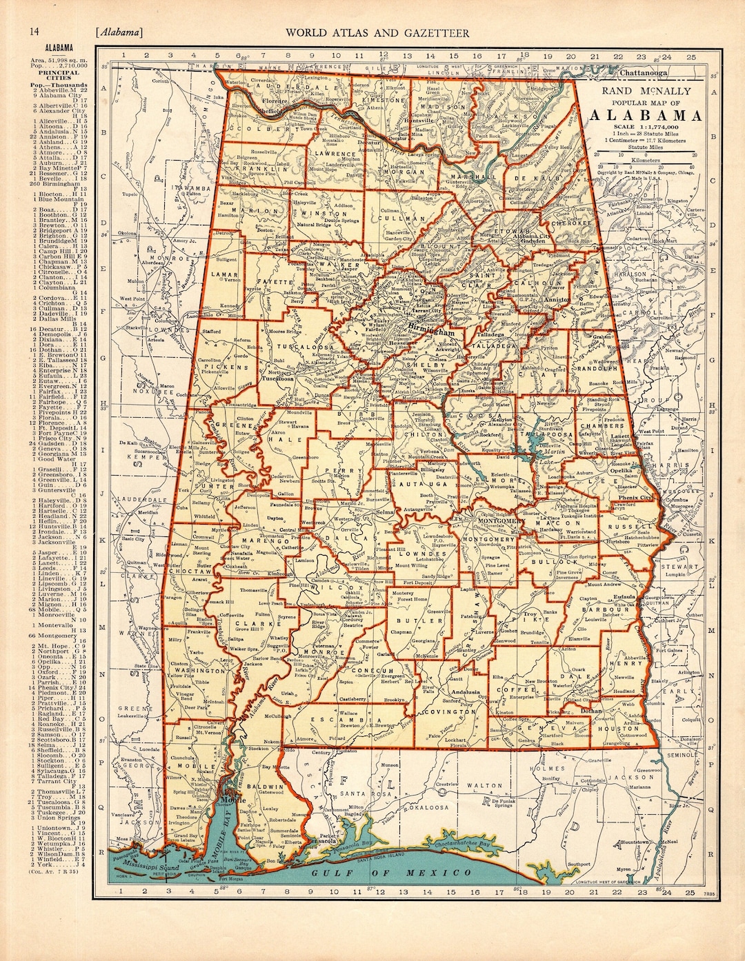 1937 Vintage ALABAMA Map Antique Alabama State Map Gallery Wall Decor ...