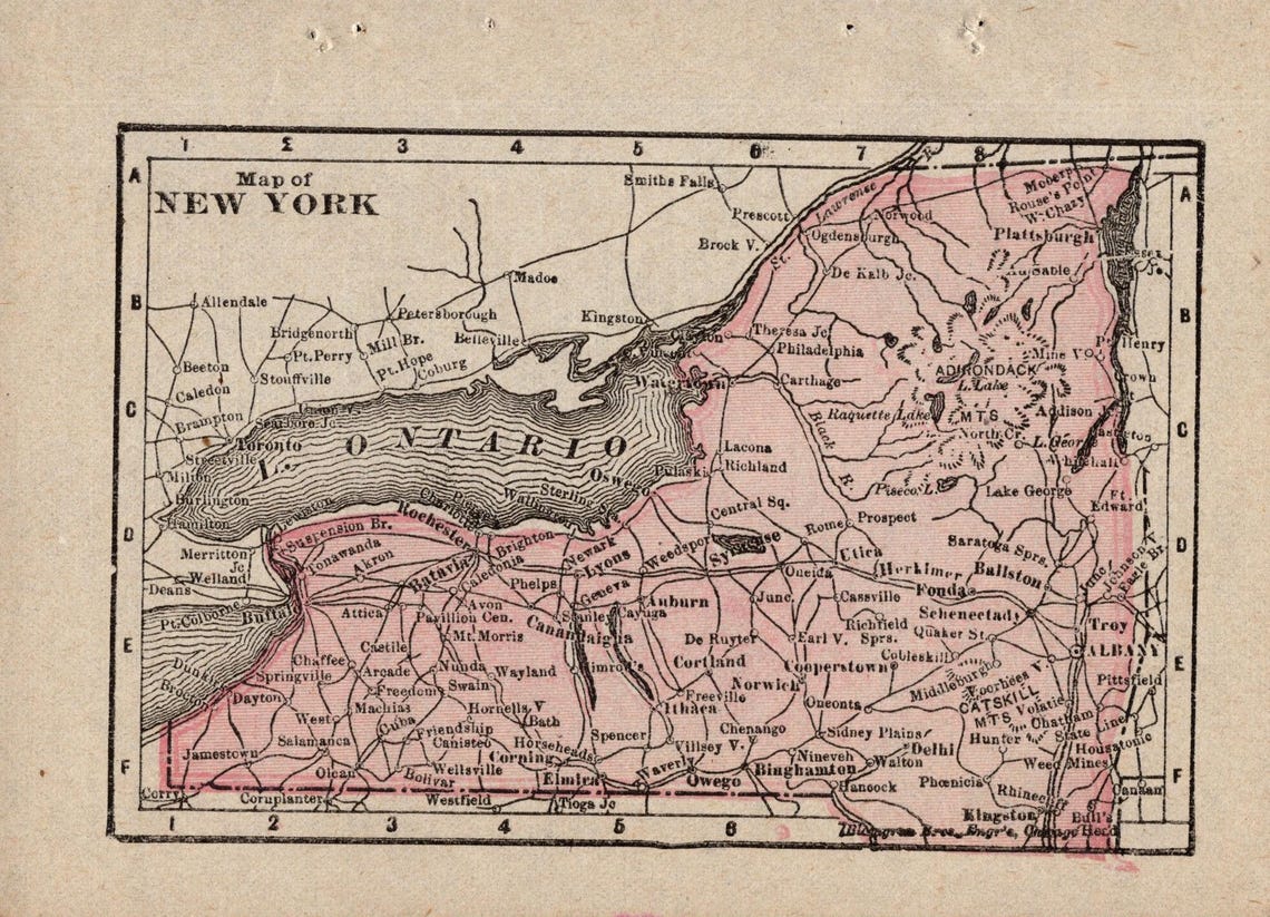 1888 Tiny New York State Map Wall Decor Vintage Map of New York ...