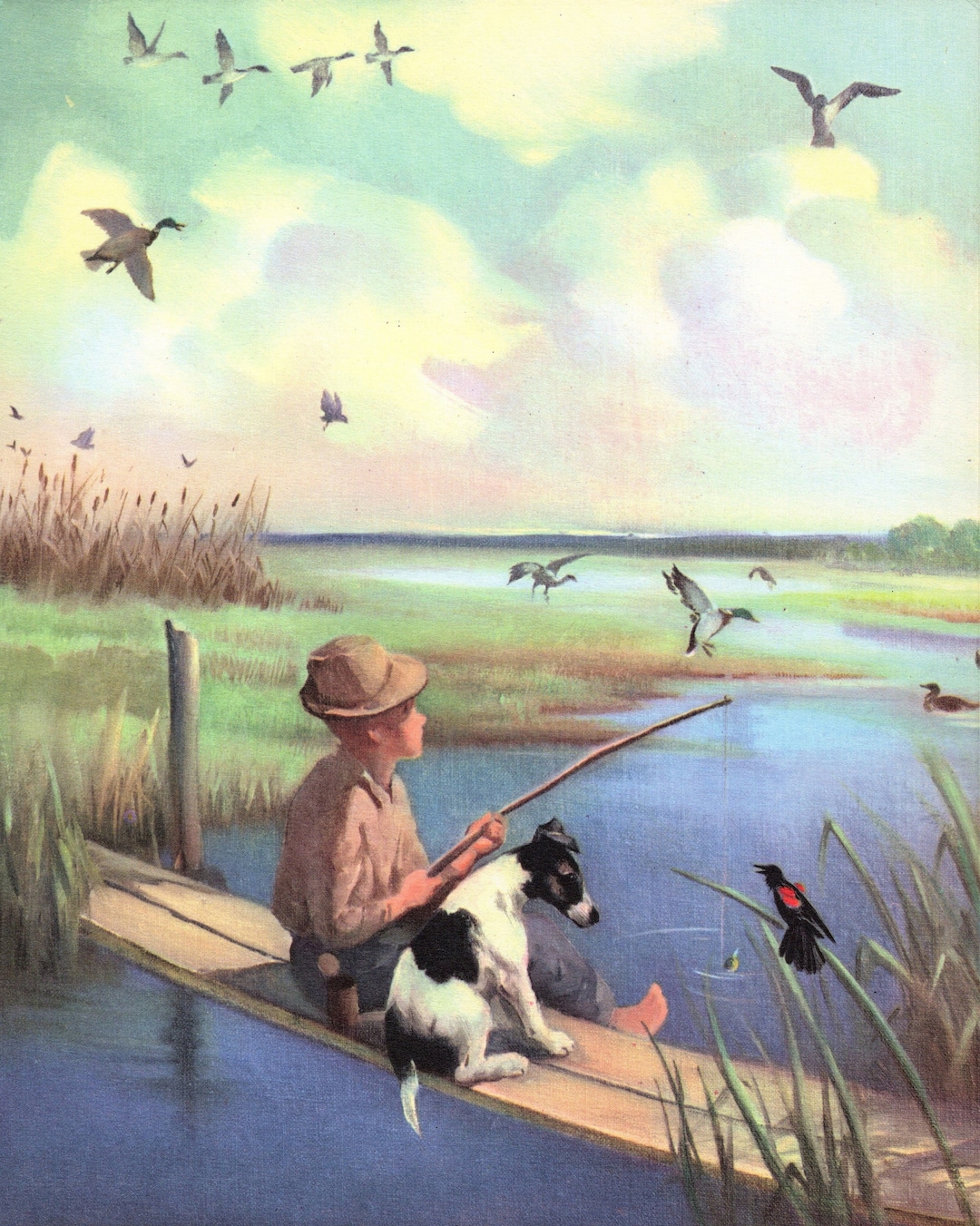 Boy and His Dog Fishing Print Gallery Wall Art Wesley Dennis Art Kids ...