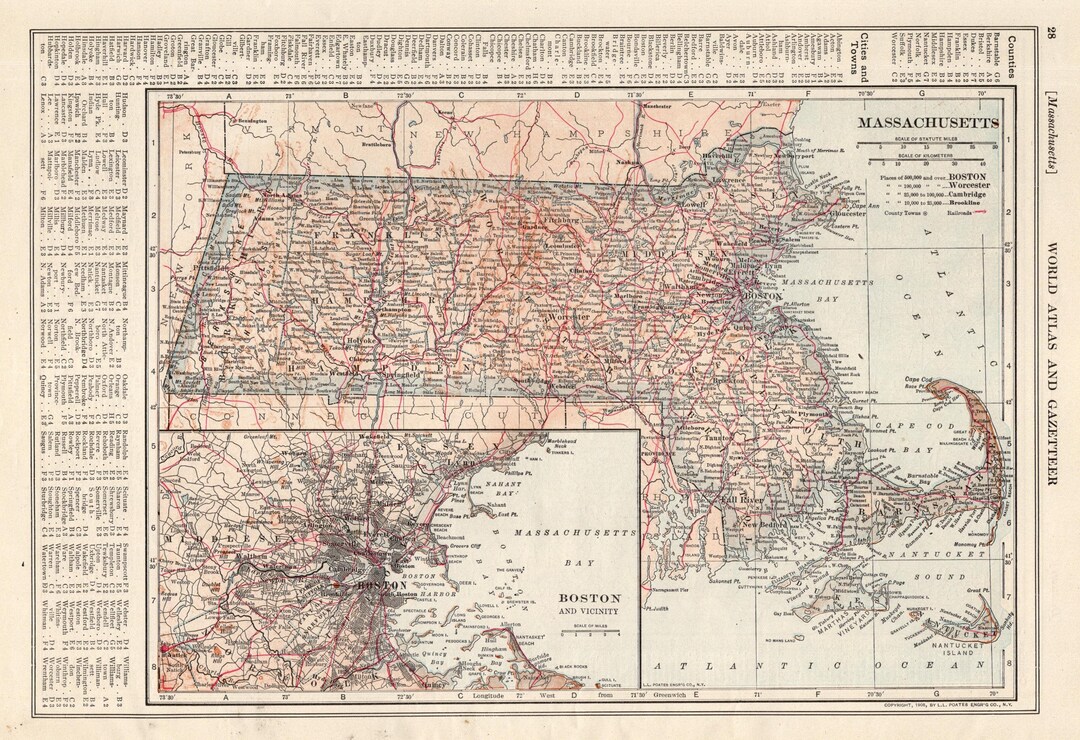 1908 Antique MASSACHUSETTS State Map Vintage Map of Massachusetts Wall ...
