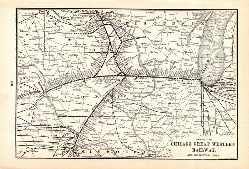 1908 Antique Chicago Great Western Railway Map Vintage | Etsy