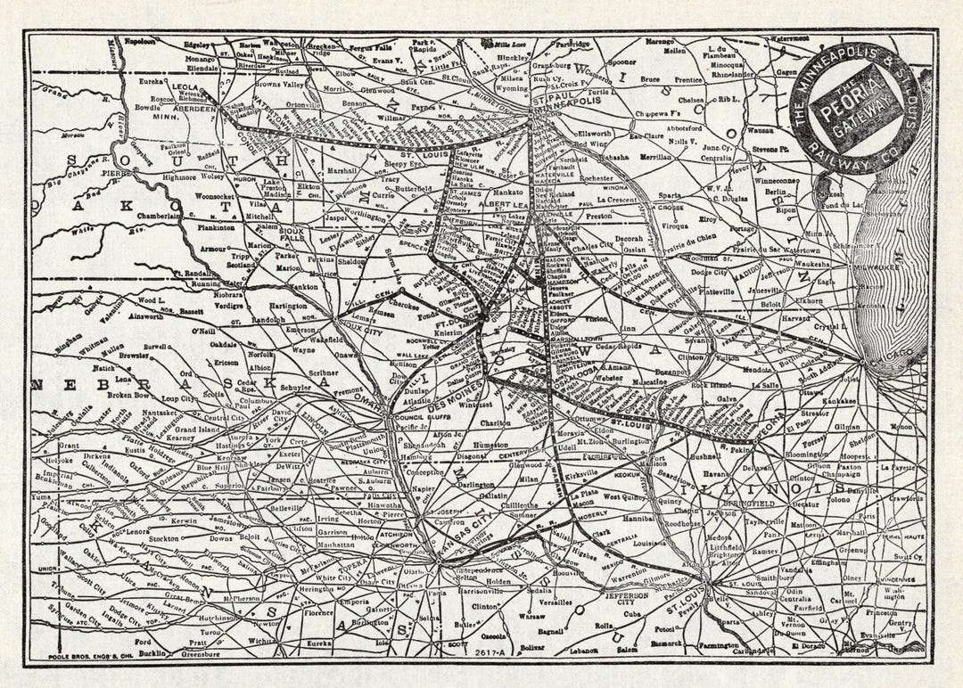 1948 Antique Minneapolis and St Louis Railway Map Peoria Gateway Line ...