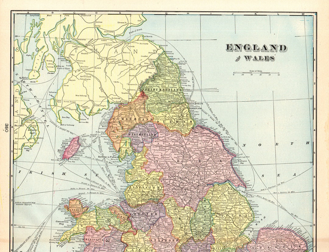 1901 Antique England and Wales Map Gallery Wall Decor George Cram Atlas ...