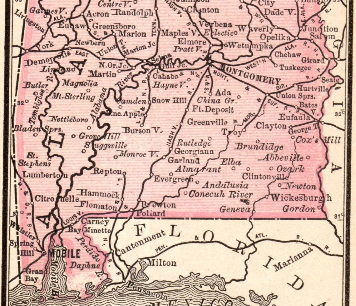1888 Tiny ALABAMA State Map Miniature Vintage Map of Alabama - Etsy