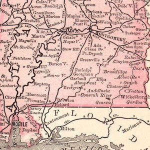 1888 Tiny ALABAMA State Map Miniature Vintage Map of Alabama Library ...