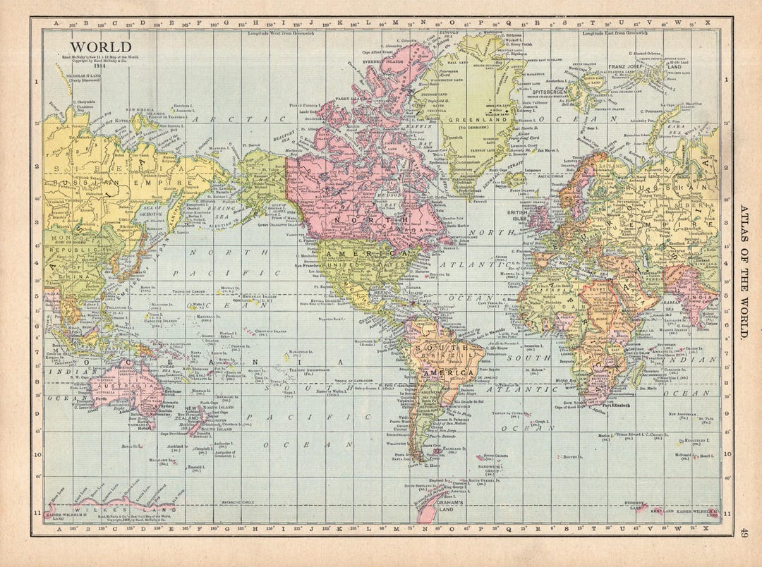 Antique World Map 1914 Vintage Map of the World Library Decor Gift for ...
