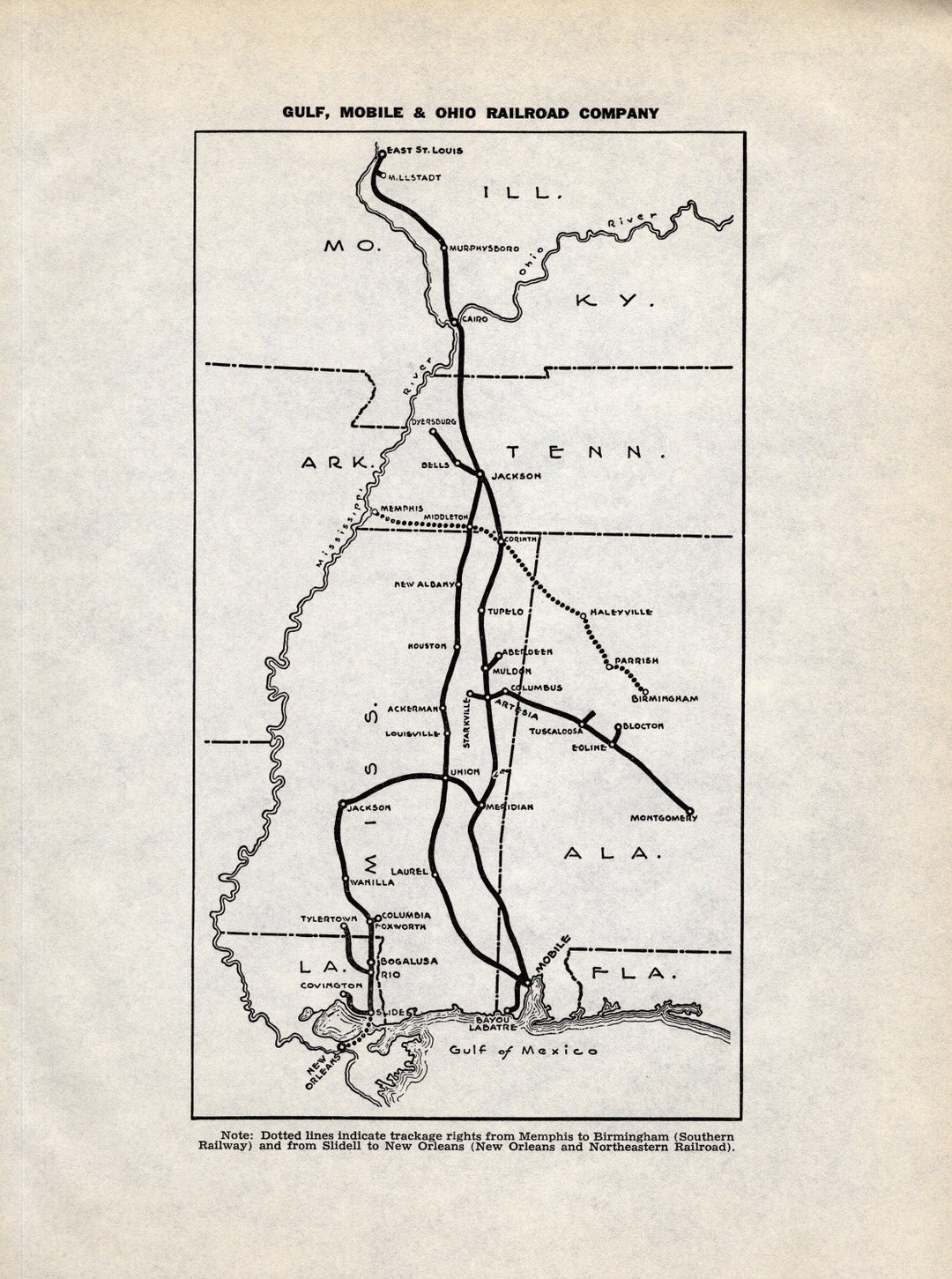 1941 Antique Gulf Mobile & Northern Railroad Map Vintage Railway System ...