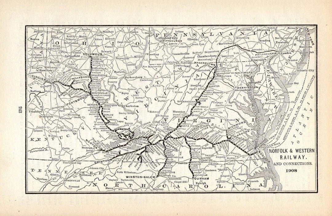 1908 Antique Norfolk and Western Railway System Map Norfolk and Western ...