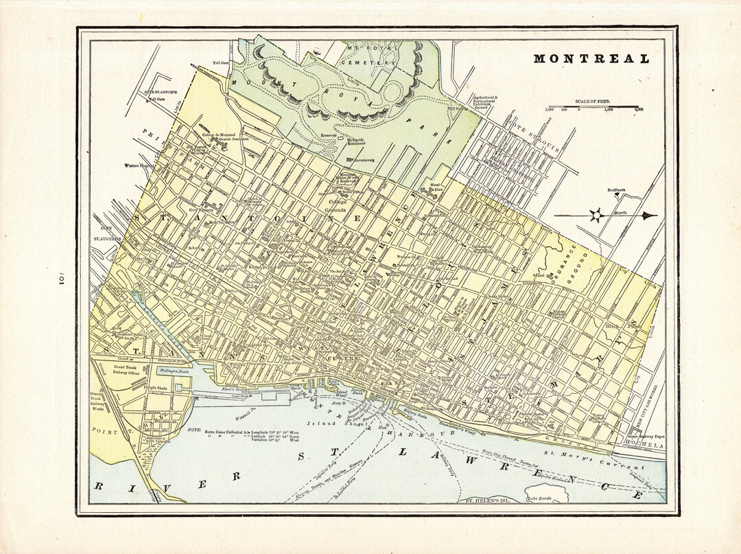 1891 Antique MONTREAL Street Map of Montreal Canada George Cram City ...