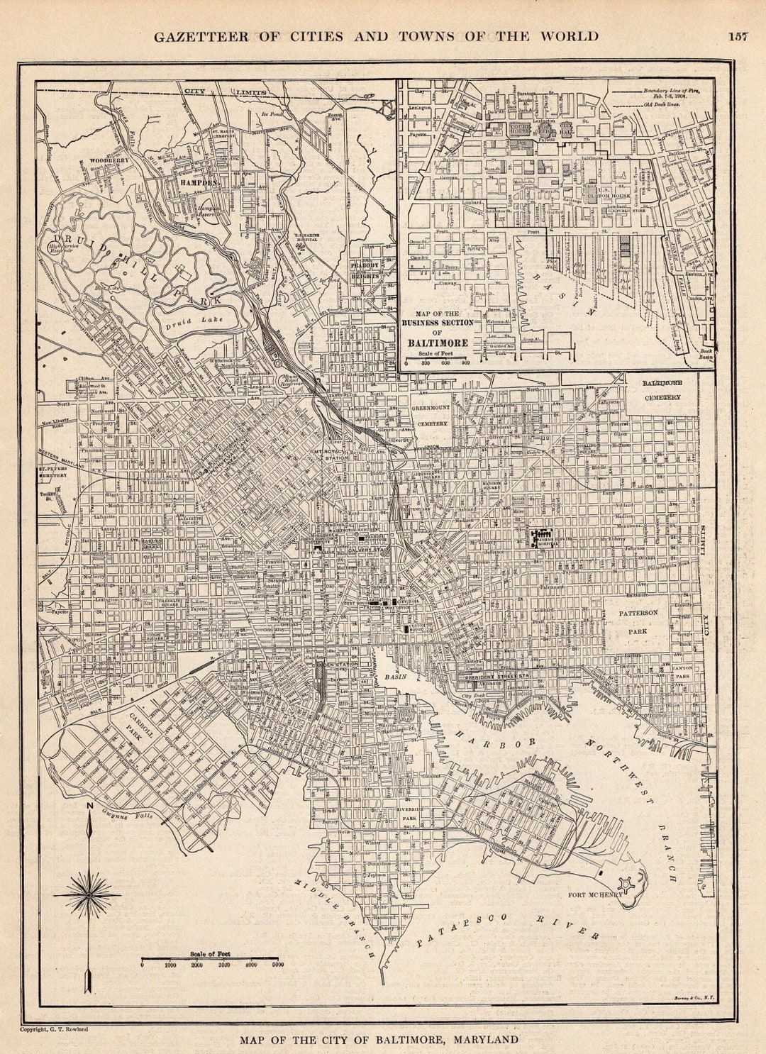 1921 Antique Baltimore Maryland Street Map of Baltimore City Map Black ...