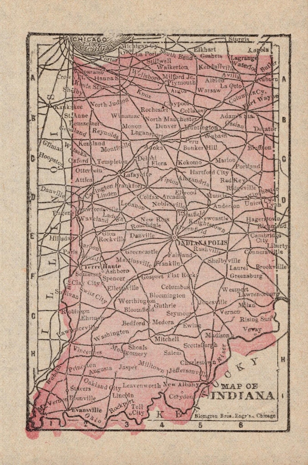 Tiny Antique INDIANA State Map of Indiana MINIATURE 1888 Map Paper ...