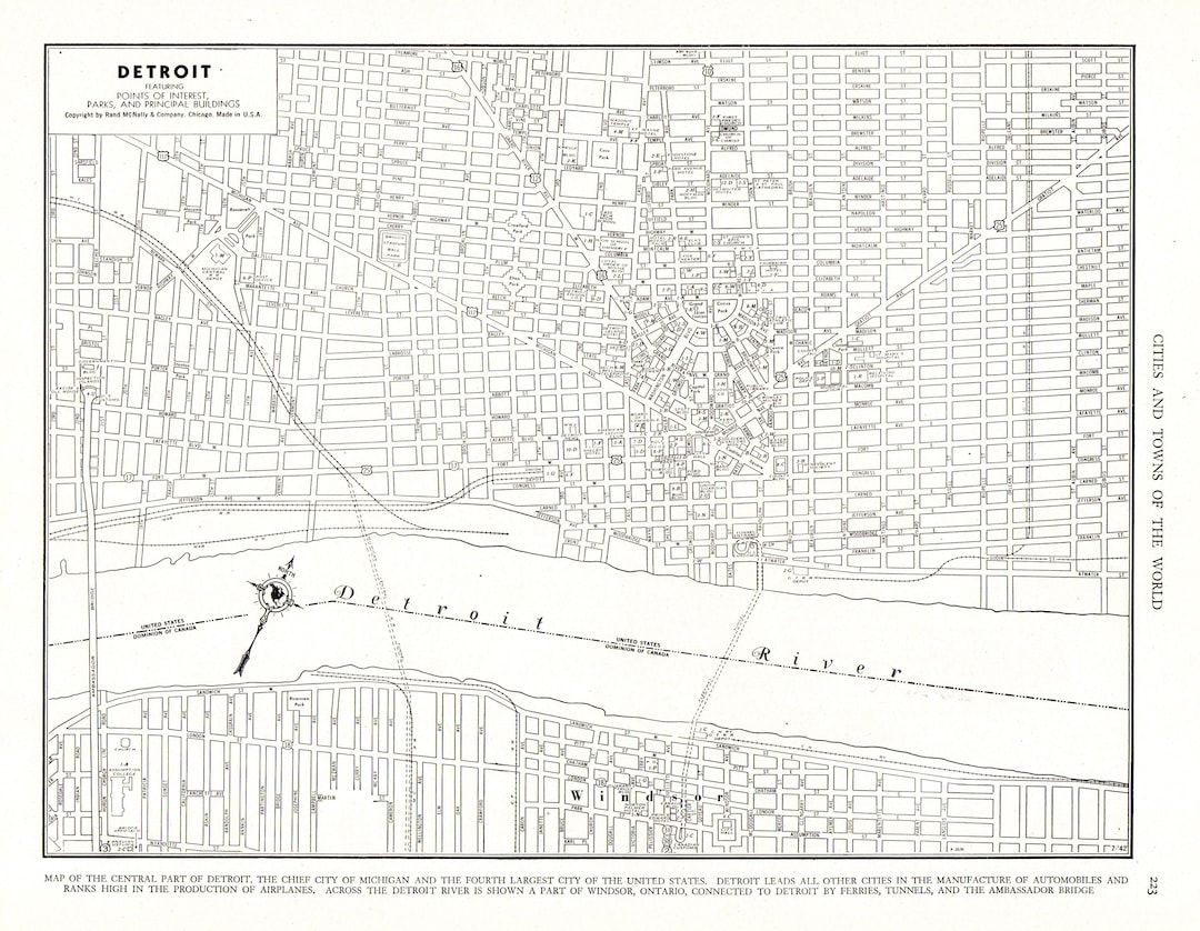 1949 DETROIT Street Map Antique City MAP of Detroit Michigan Black and ...