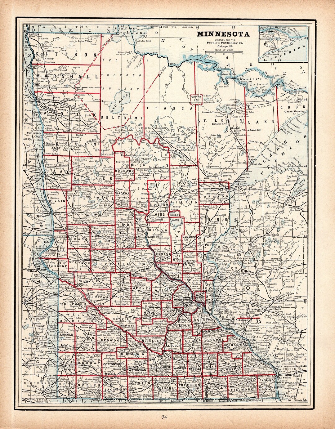 1892 Antique MINNESOTA State Map Vintage Map of Minnesota Gallery Wall ...