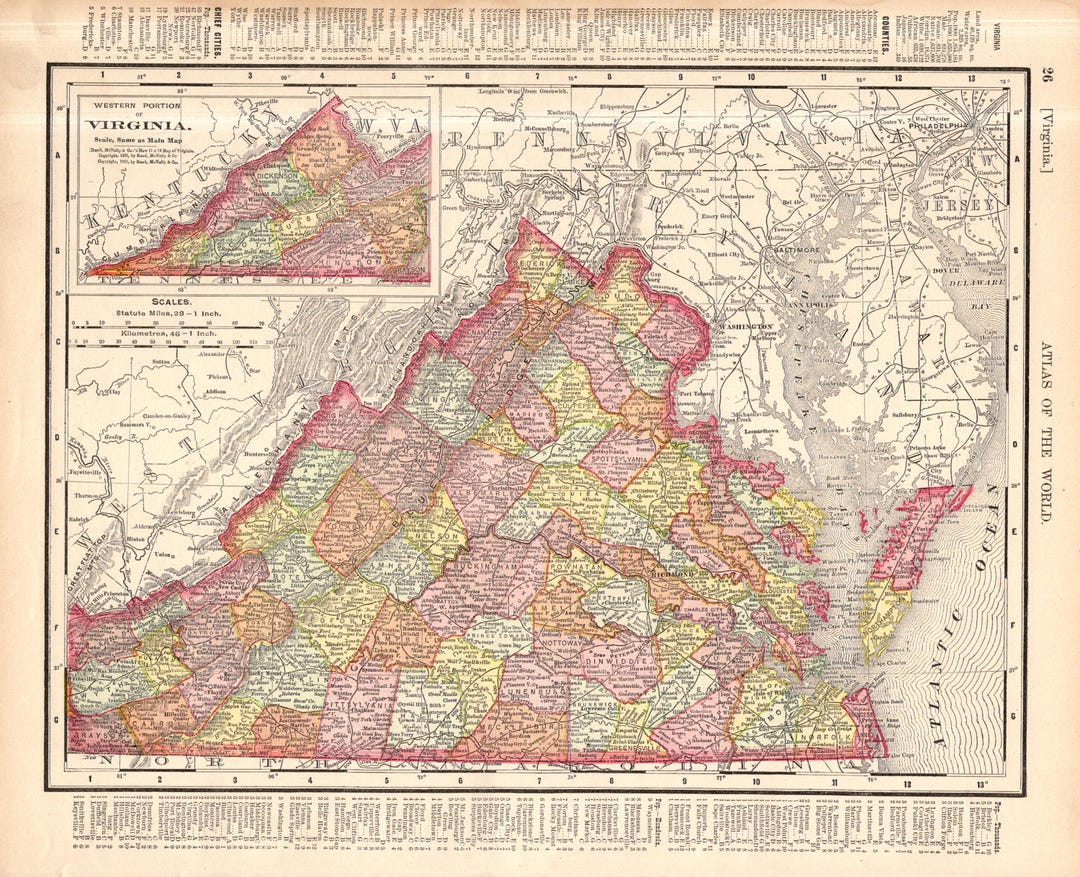 1901 Antique VIRGINIA State Map Vintage Map of Virginia Wall Decor ...