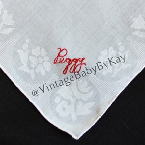 Peggy Monogram Hanky Vintage White Cotton Handkerchief With Berry Red ...