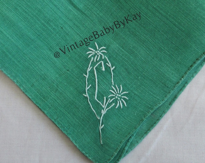 C Monogram Hanky Vintage Handkerchief Green Linen Cream Embroidery ...