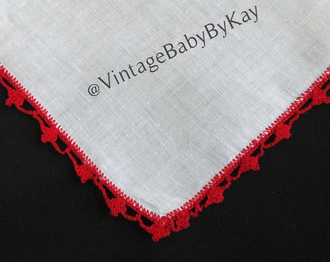 Red Crochet and White Linen Handkerchief, Hand Crochet Lace Trim ...